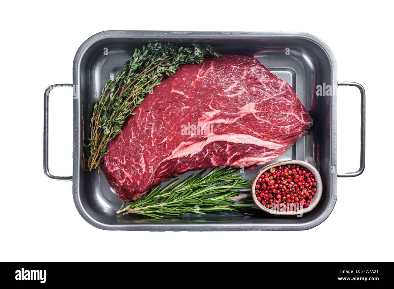 Butcher tray with raw top sirloin beef meat steak. Isolated, white ...