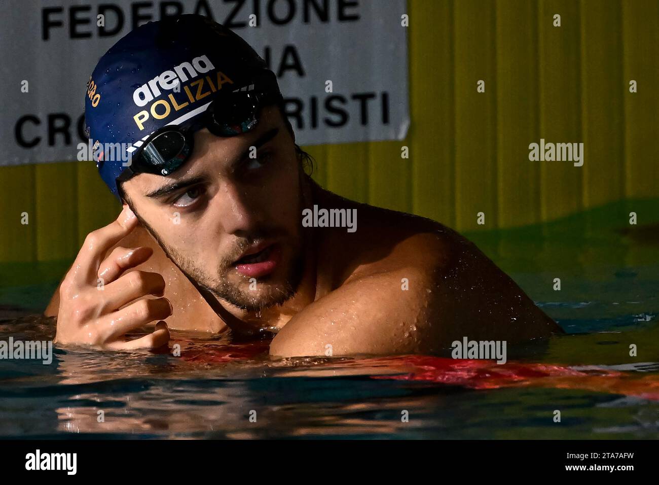Thomas Ceccon of Gs Fiamme Oro reacts after competing in the 100m ...