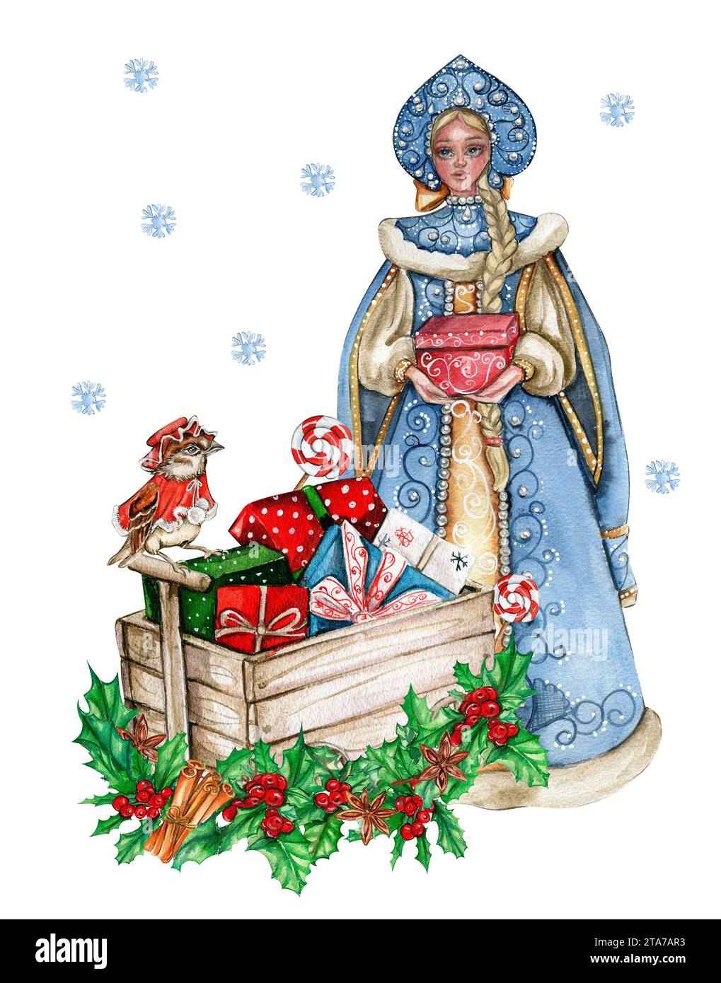 The Snow Maiden in a Christmas dress and cart with presents. Watercolor ...