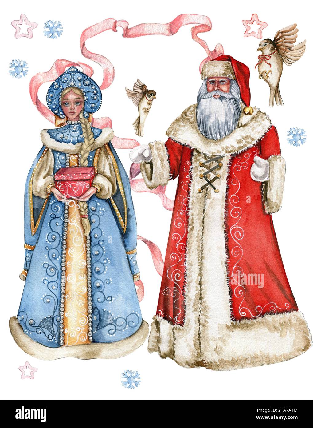 Watercolor illustration of Santa Claus with long white beard in red ...