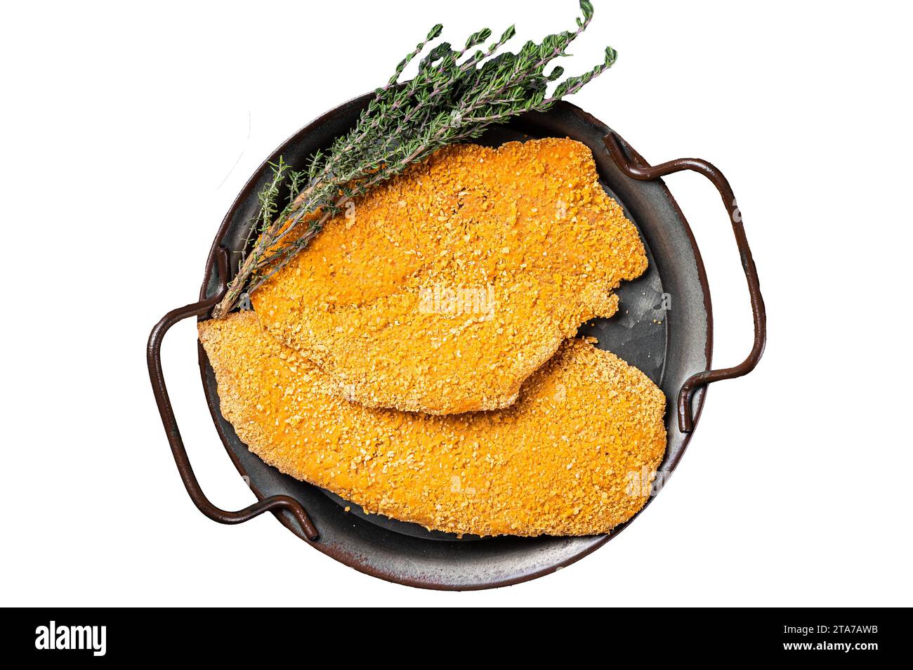Homemade raw breaded German Weiner Schnitzel. Isolated, white ...