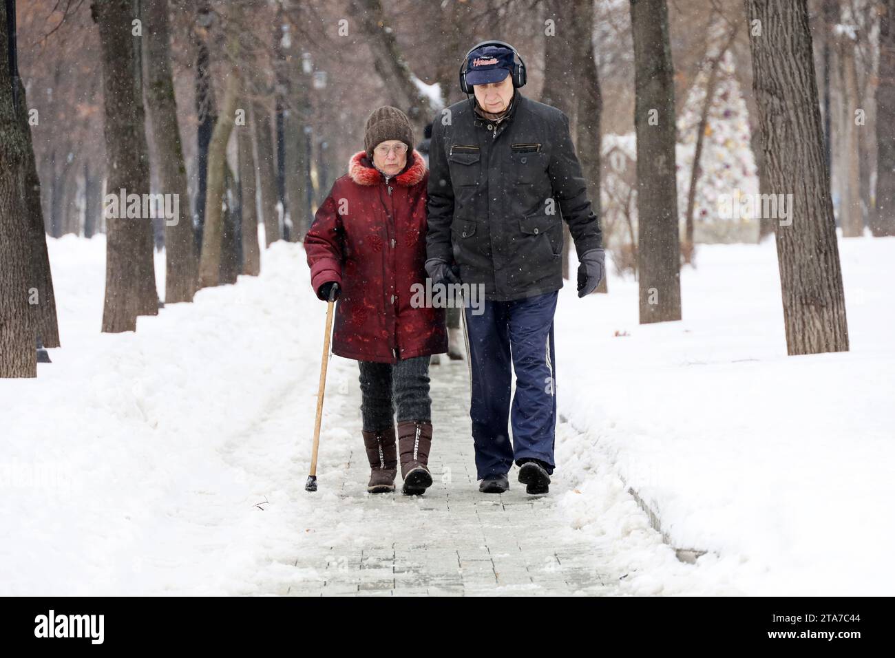 Elderly woman with cane and man walking in winter park. Old couple in ...