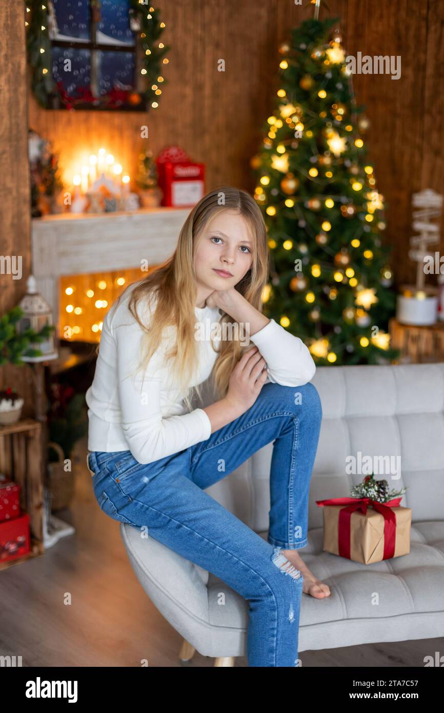 Preteen child, cute kid in studio for Christmas, xmas pictures with ...