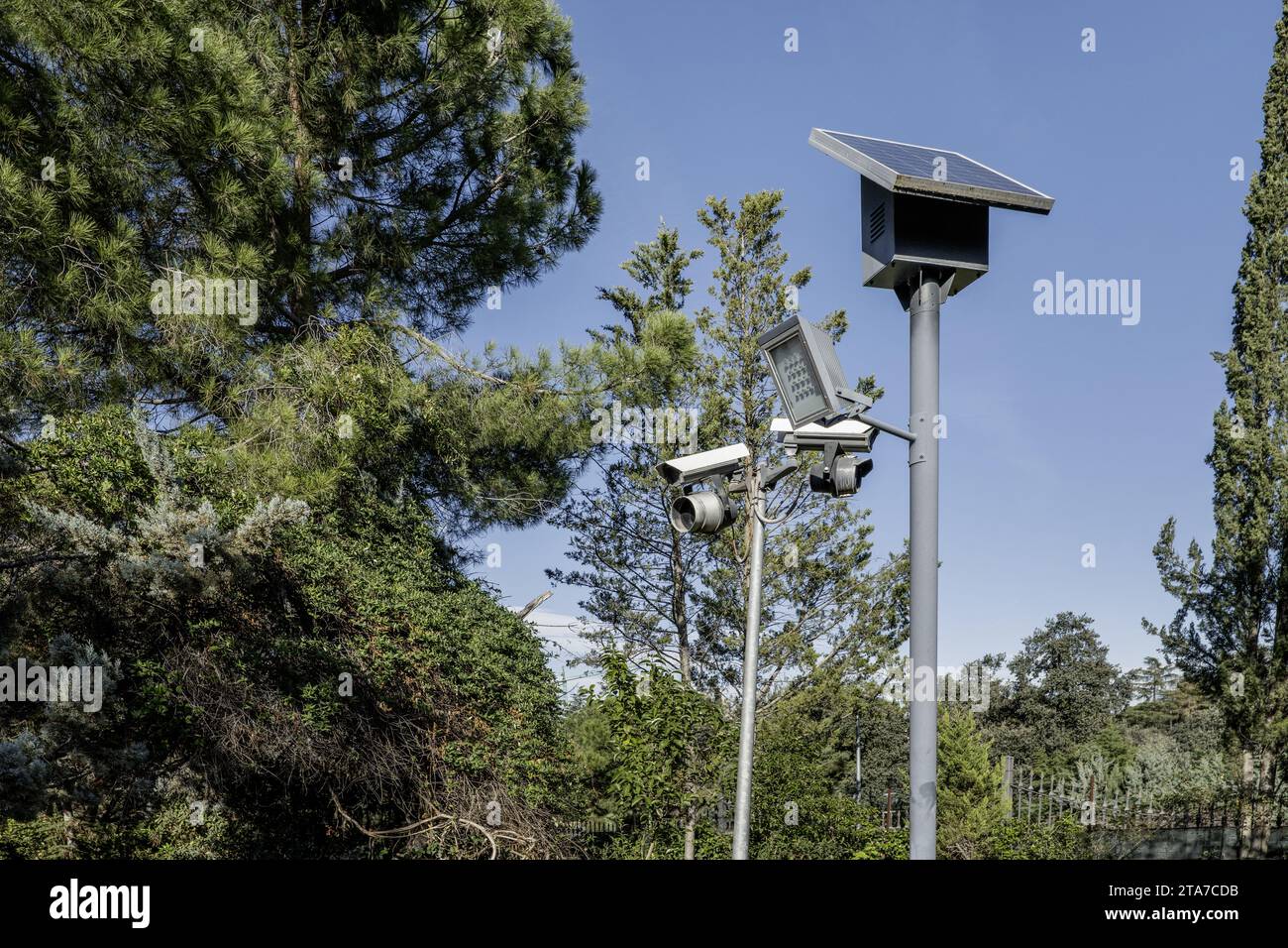 Some posts with surveillance cameras Stock Photo - Alamy