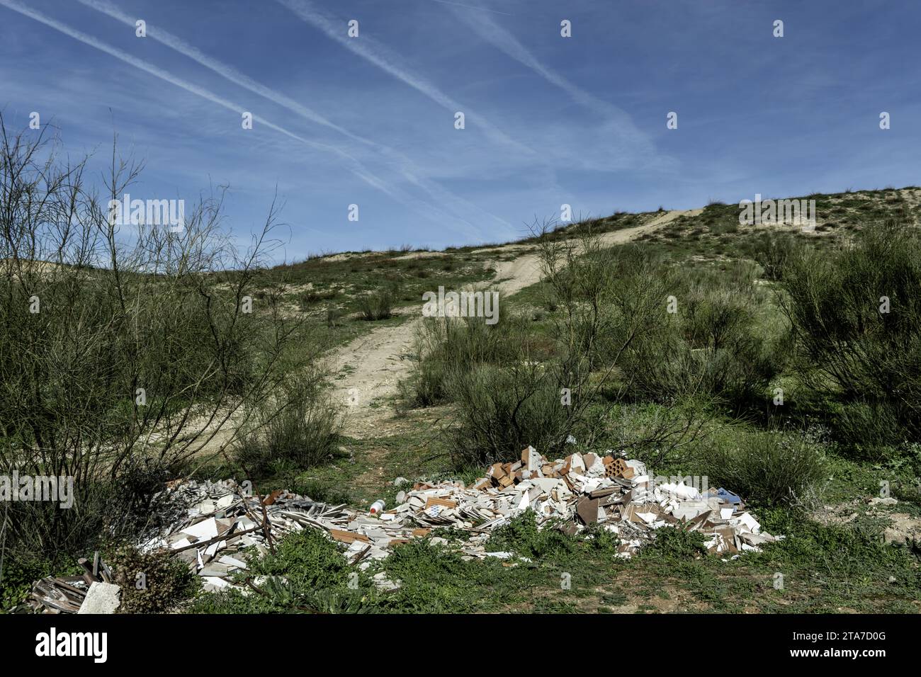 Garbage from renovation works thrown in the middle of the field Stock ...