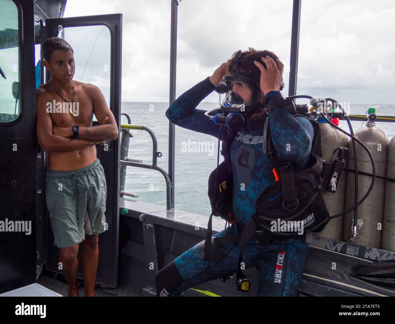 Preparing diving equipment in Costa Rica Stock Photo - Alamy