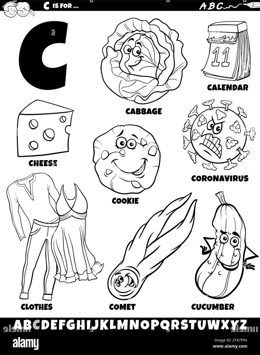 Cartoon Illustration Of Objects And Characters Set For Letter C Coloring Page Stock Vector Image