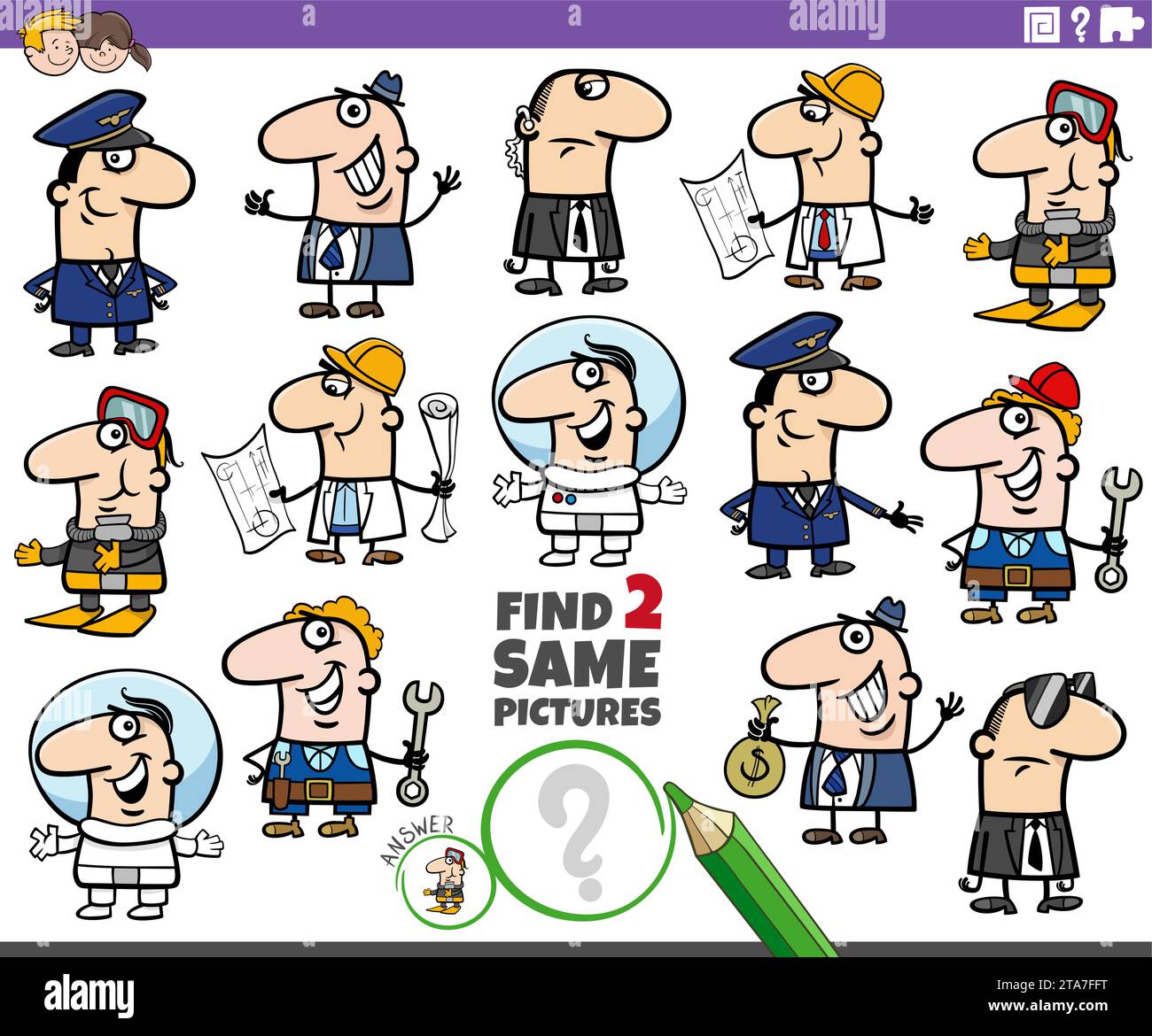 Cartoon illustration of finding two same pictures educational game with ...