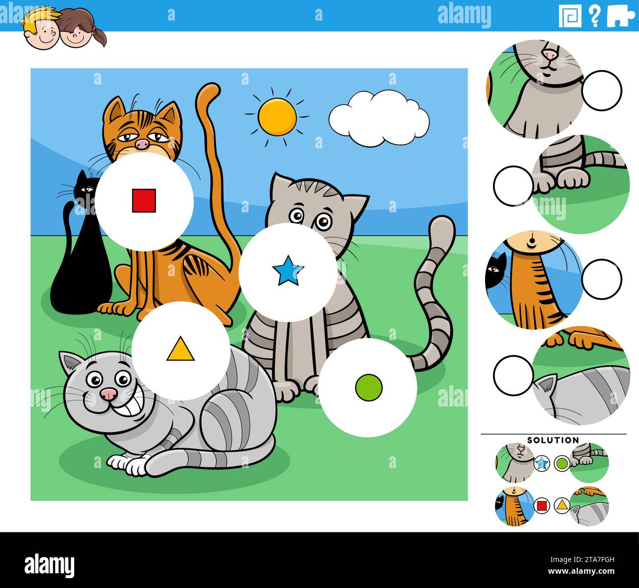 Cartoon illustration of educational match the pieces jigsaw puzzle game ...