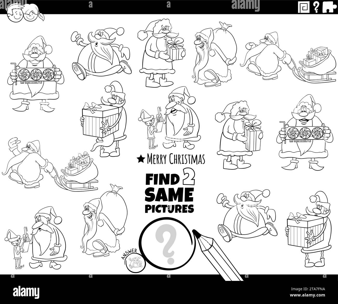 Black and white cartoon illustration of finding two same pictures ...
