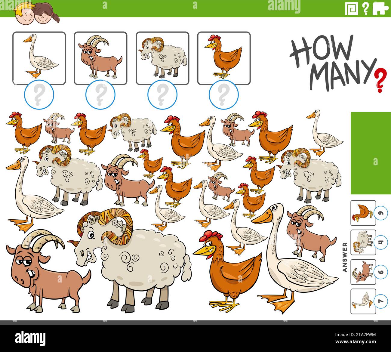 Cartoon illustration of educational counting game with comic farm animal characters Stock Vector ...