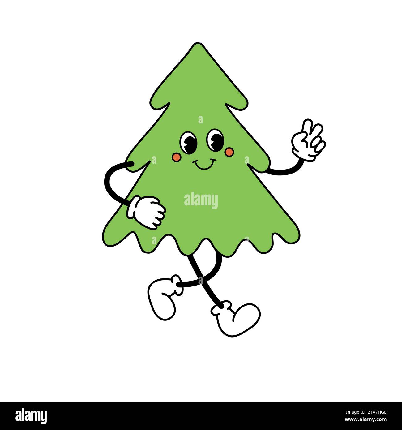 Vector groovy retro cartoon Christmas tree isolated on white background ...