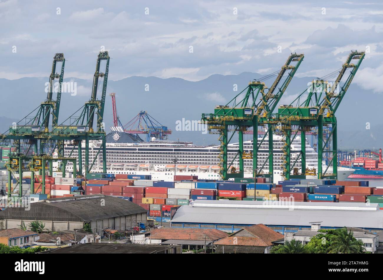 City of Santos, Brazil. Cruise ship MSC Magnifica passing through the ...