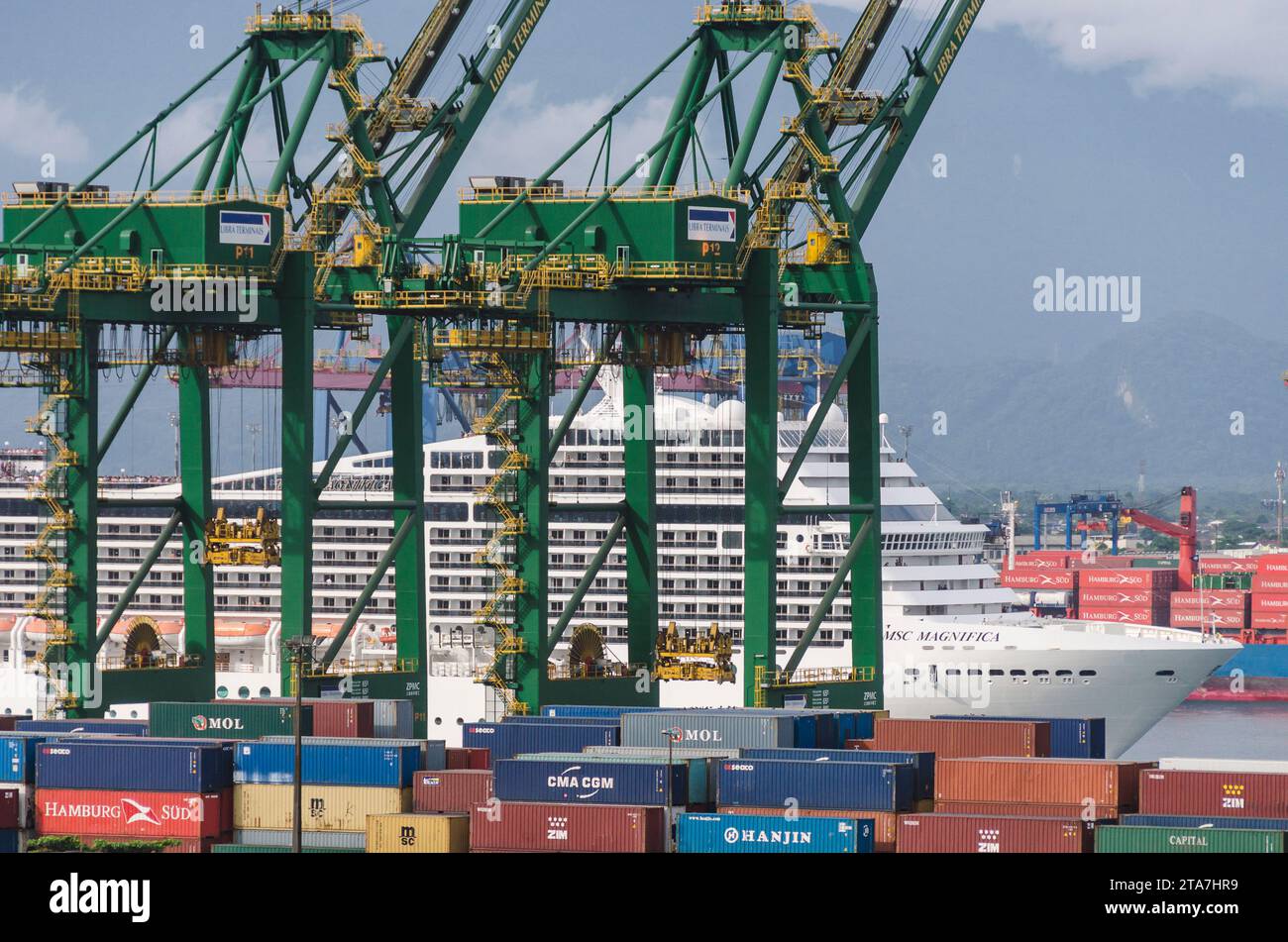 City of Santos, Brazil. Cruise ship MSC Magnifica passing through the ...