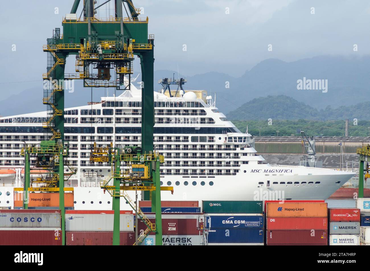 City Of Santos Brazil Cruise Ship Msc Magnifica Passing Through The Container Terminal Of The