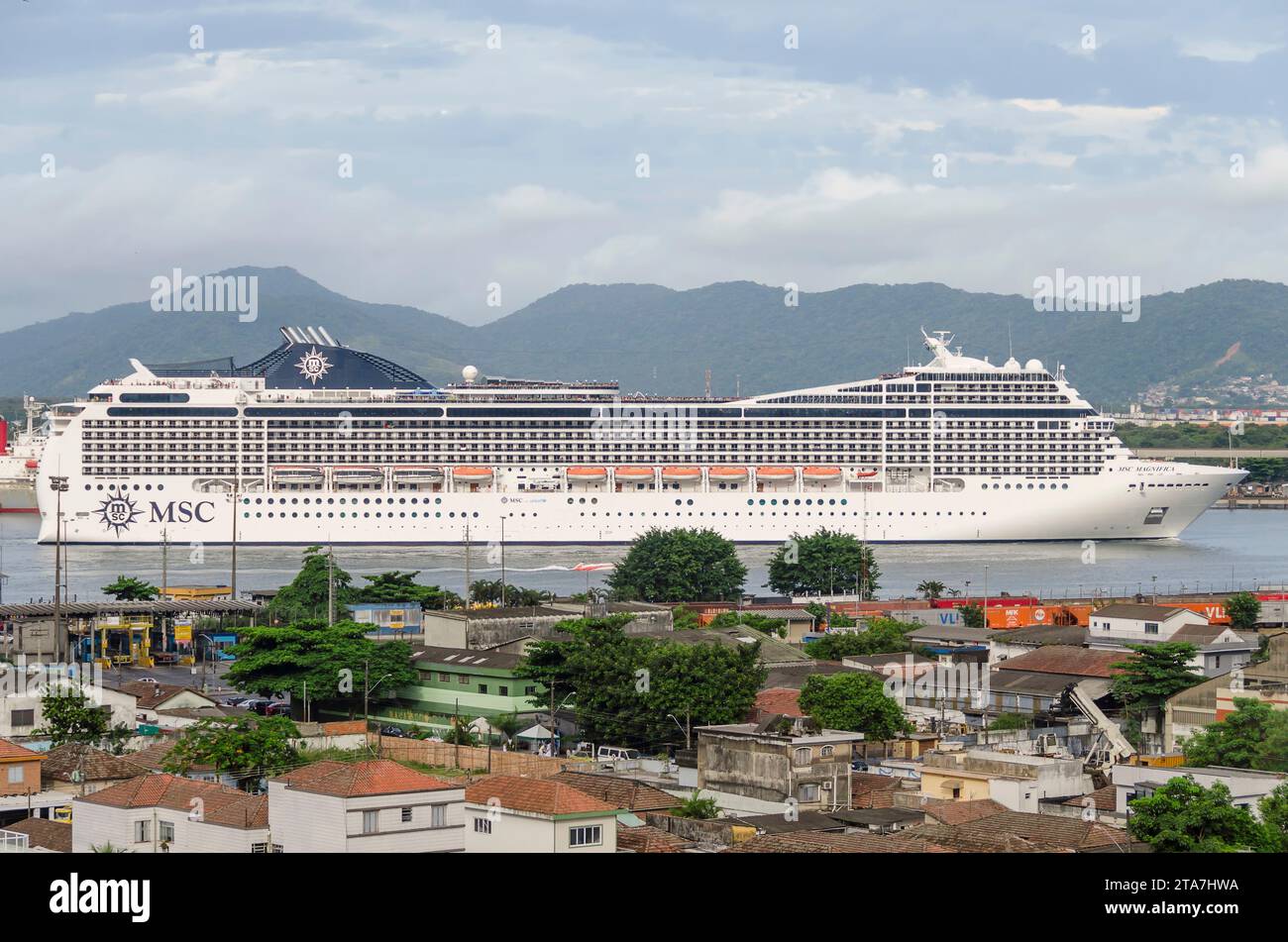 City of Santos, Brazil. MSC Magnifica cruise ship leaving the port of ...