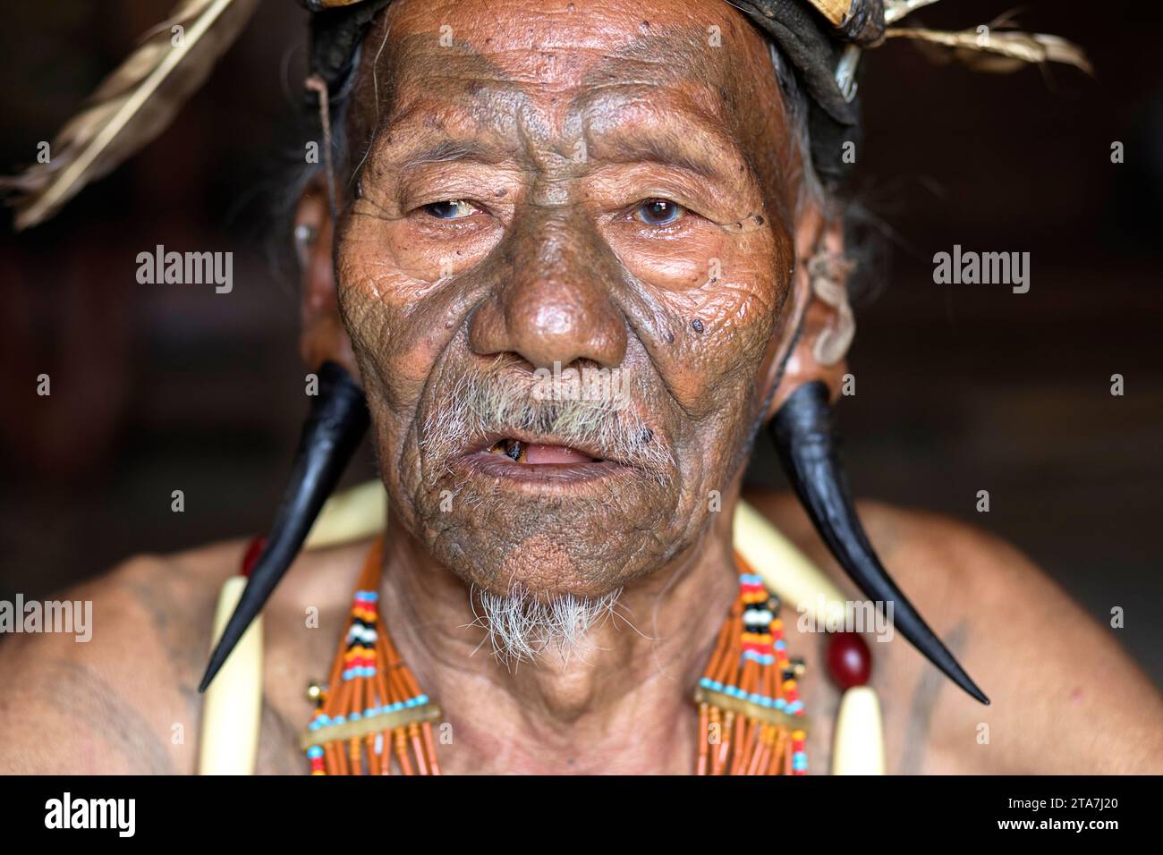 Portarit of an elder, a man from a konyak tribe with traditional tribal ...