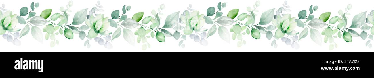 Greenery floral seamless border. Watercolor botanical foliage boundary ...