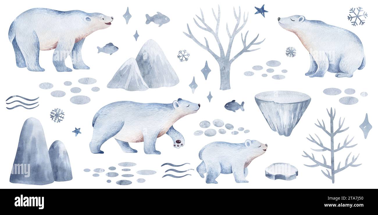 Polar bears on an isolated background. Arctic wildlife watercolor set ...