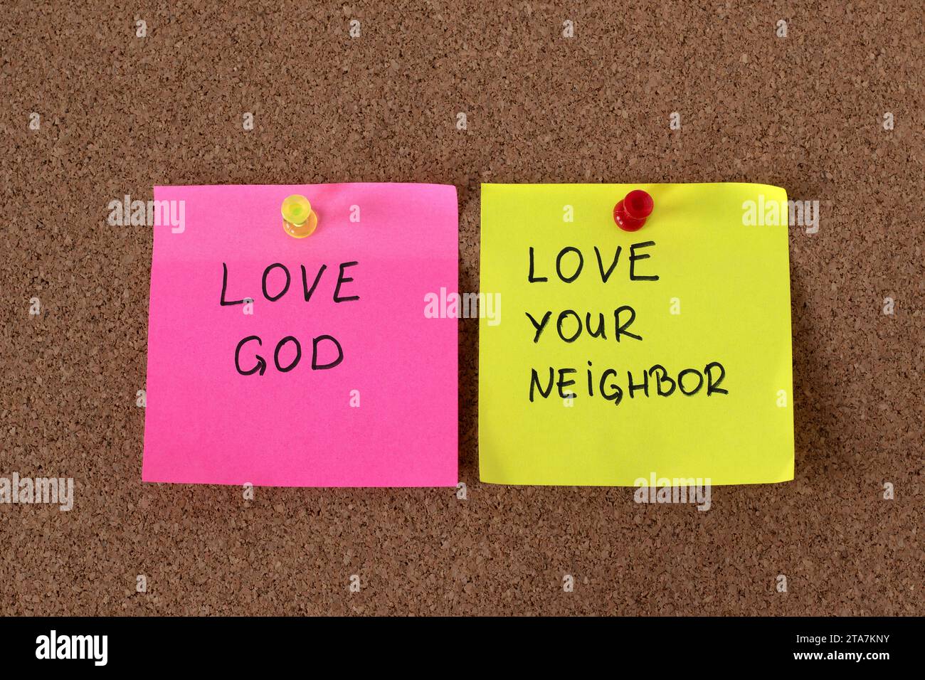 Love God, love your neighbor, handwritten notes on cork pinning board ...