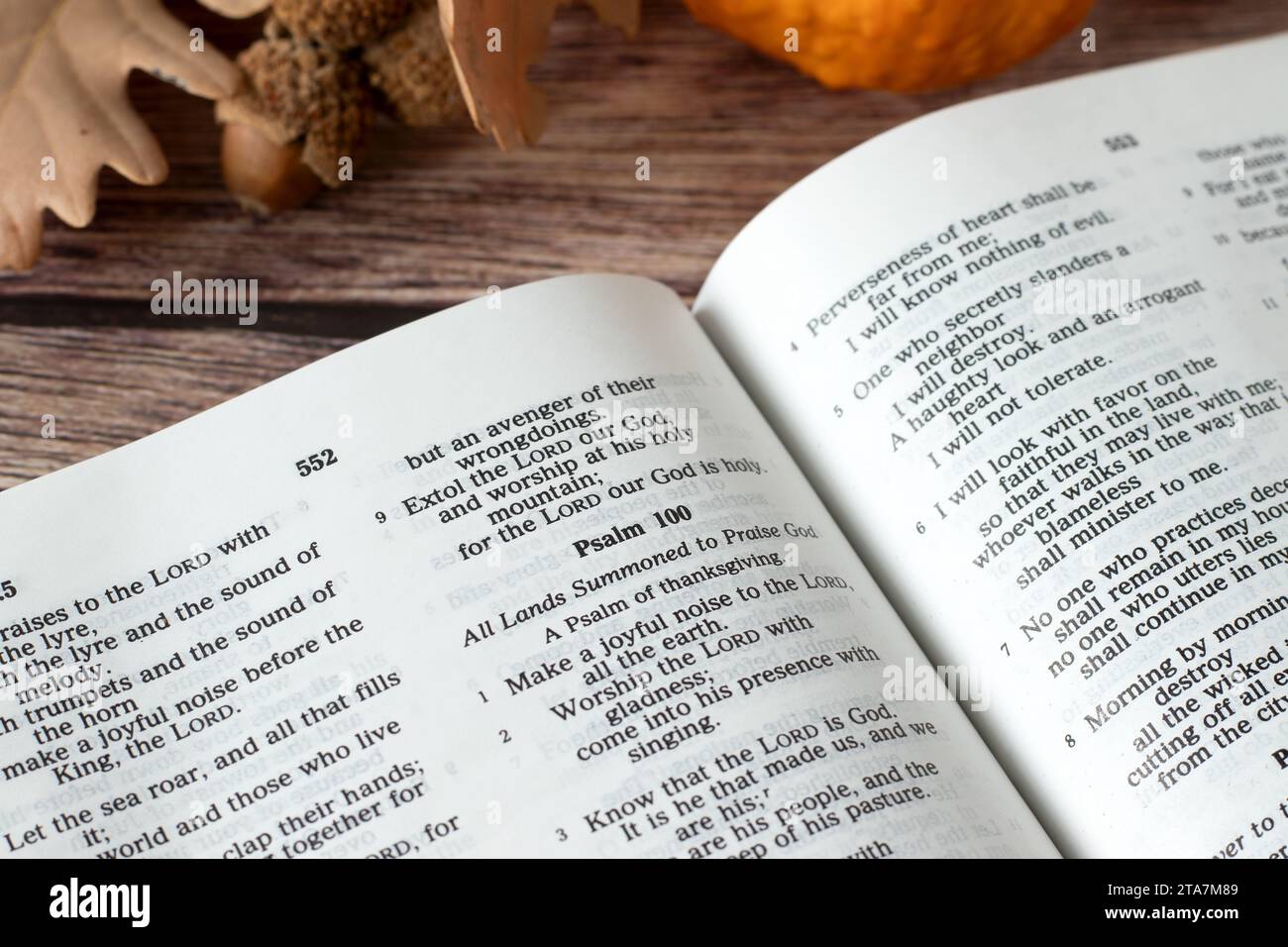 Open holy bible book, psalm 100 verse for thanksgiving and praise to God Jesus Christ on wood ...