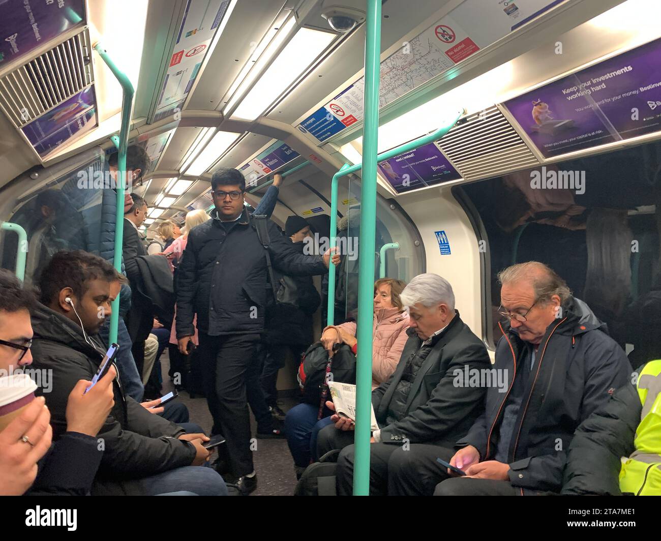 London, UK. 28th November, 2023. Onboard a delayed Waterloo & City ...