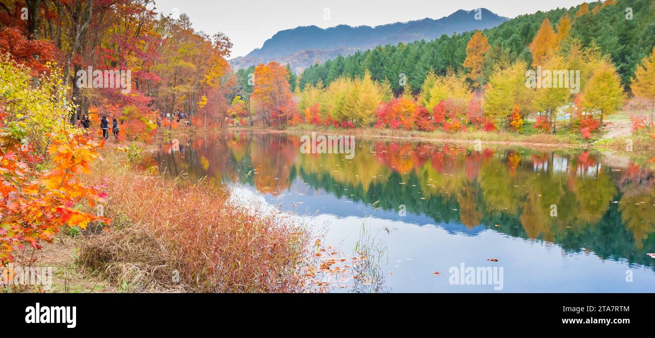 Panorama of the Reflected Color Lake in the Laobiangou scenic area near ...