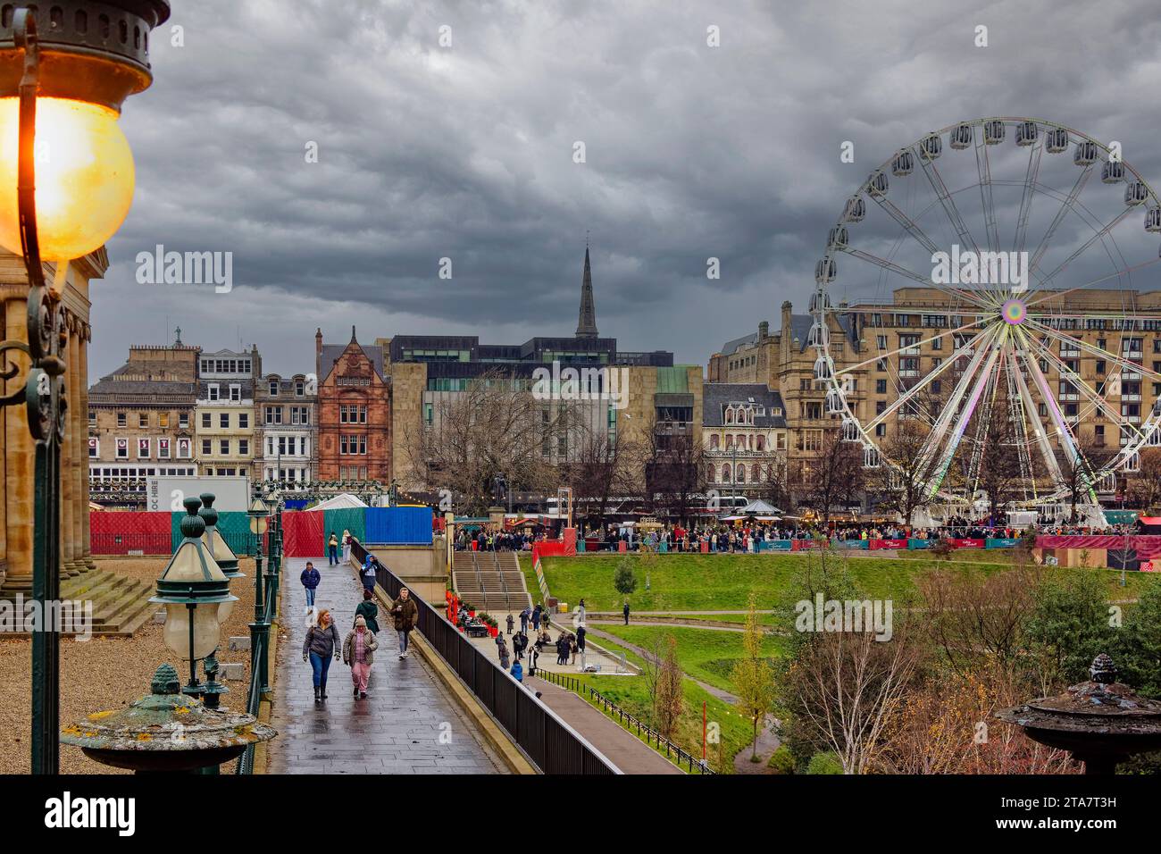 Edinburgh Scotland evening view of the Christmas Fair or Market Princes ...