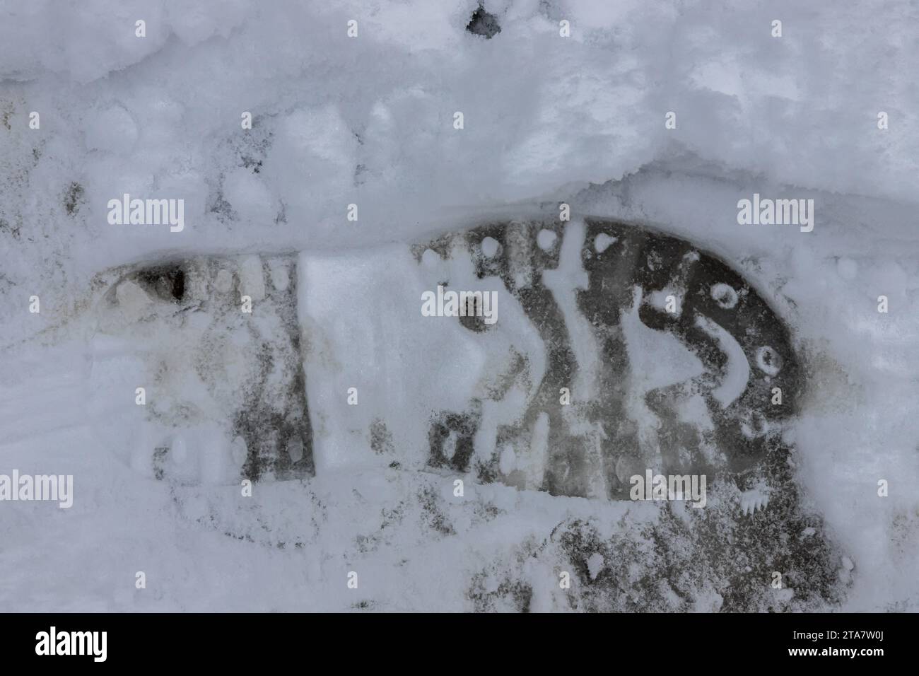 Top view of the footprint of shoes boots on fresh snow. The winter ...