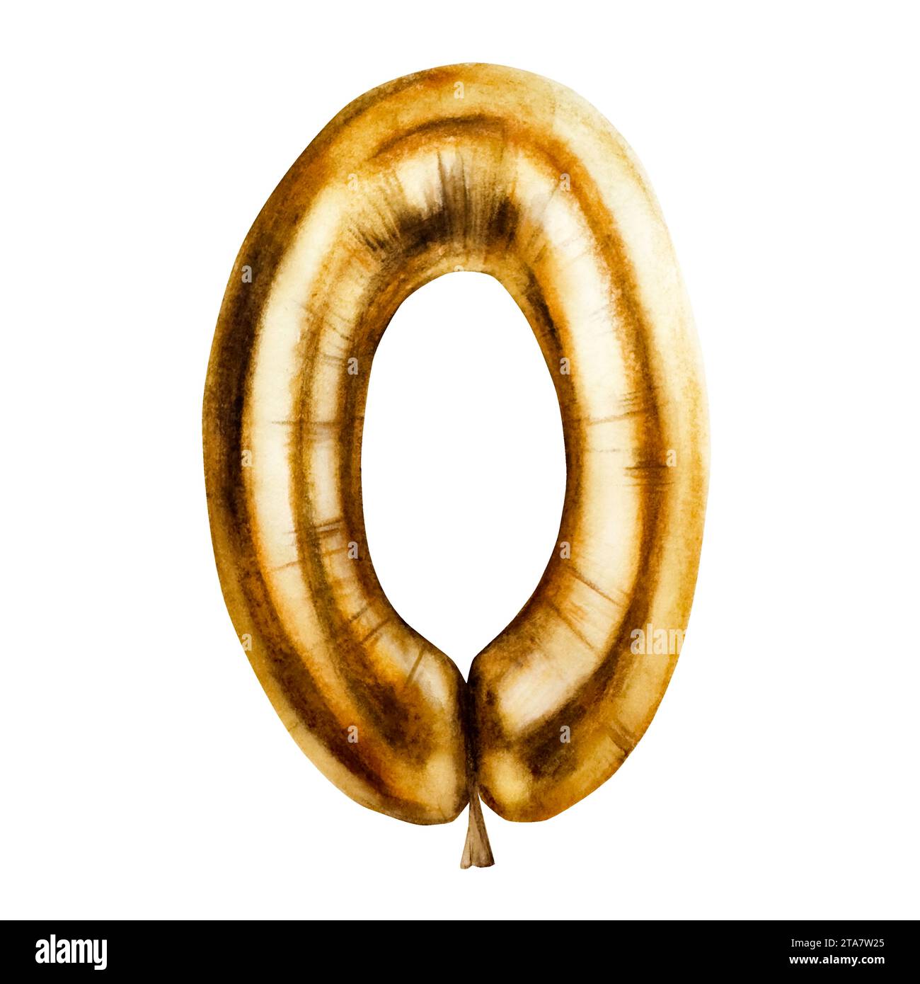 Watercolor golden foil balloon digit 0. Hand drawn birthday party ...