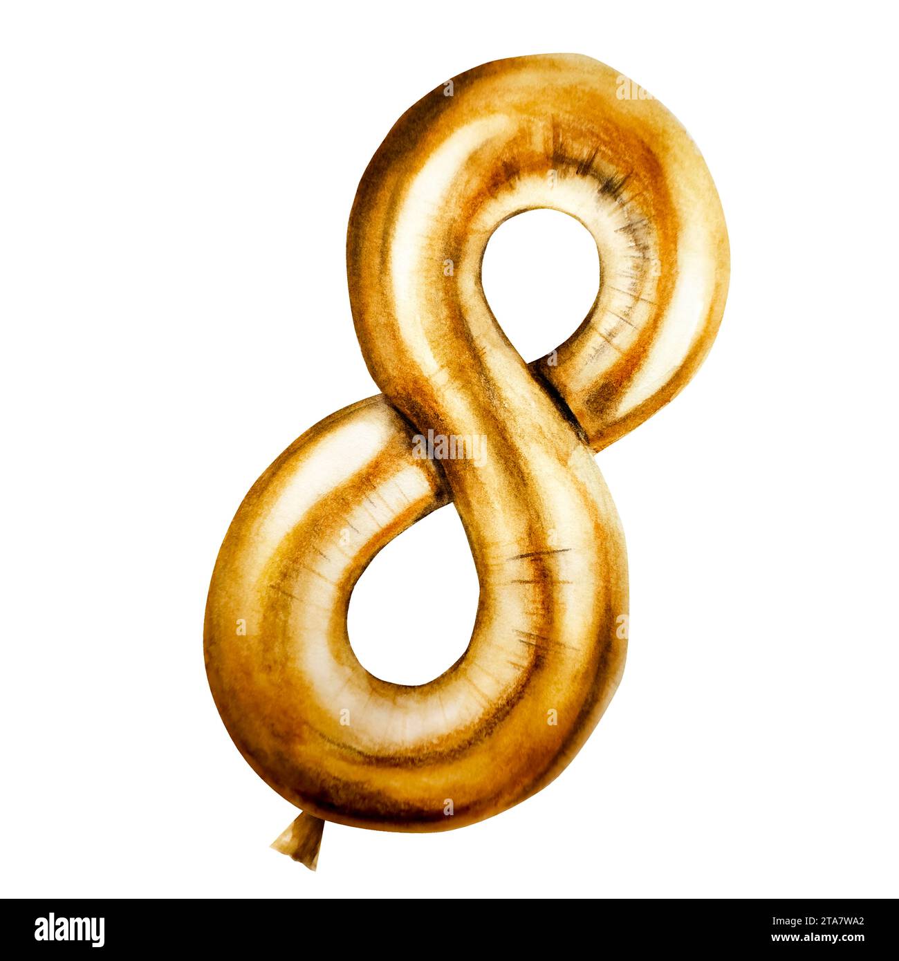 Watercolor golden foil balloon digit 8. Hand drawn birthday party ...