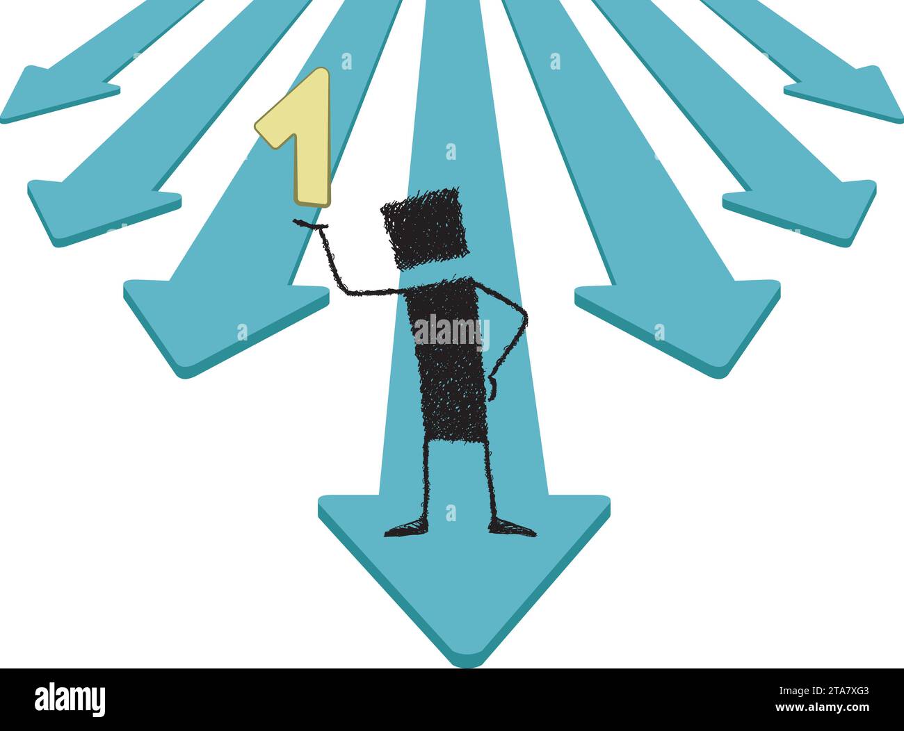 Stick figure standing on an arrow, holding in his hand the number one ...