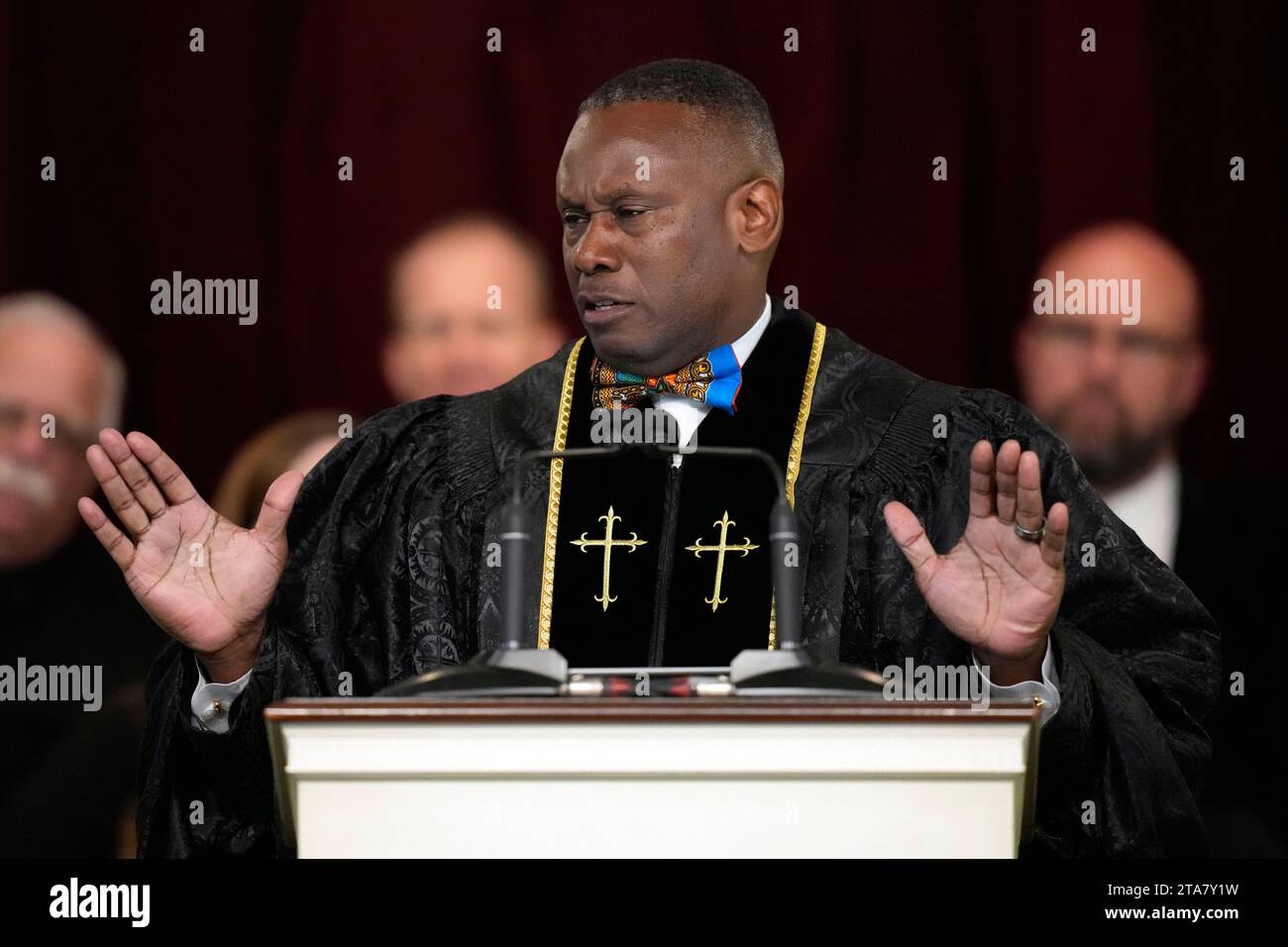Pastor Tony Lowden speaks during the funeral service for former first ...