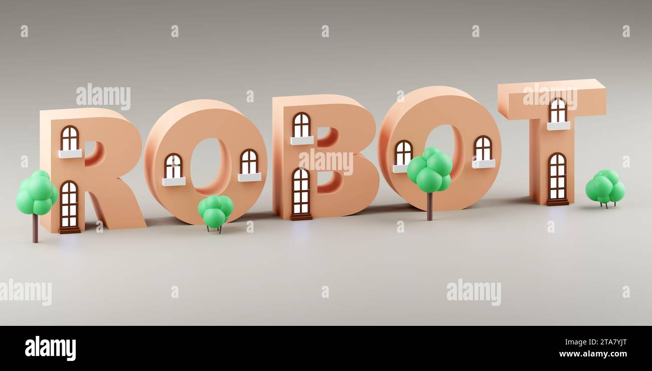 3D render Illustration of the Word ROBOT in beige Blocks on light ...
