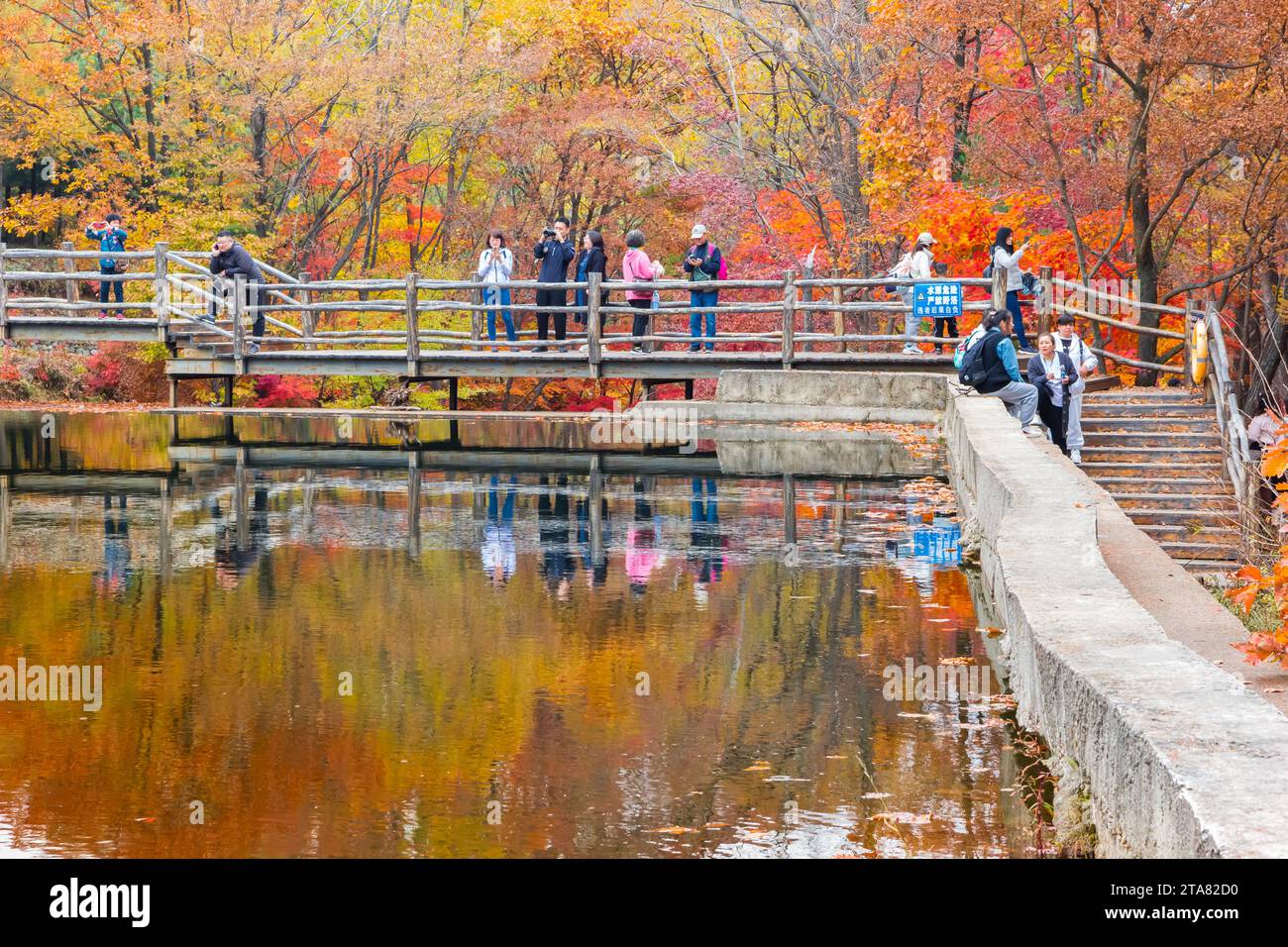 Tourists ejoying the fall colors in Laobiangou, Benxi, China Stock ...