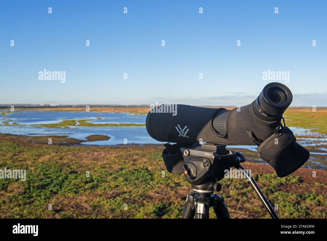 Birdwatcher’s telescope and view over salt marsh of the Western Scheldt ...