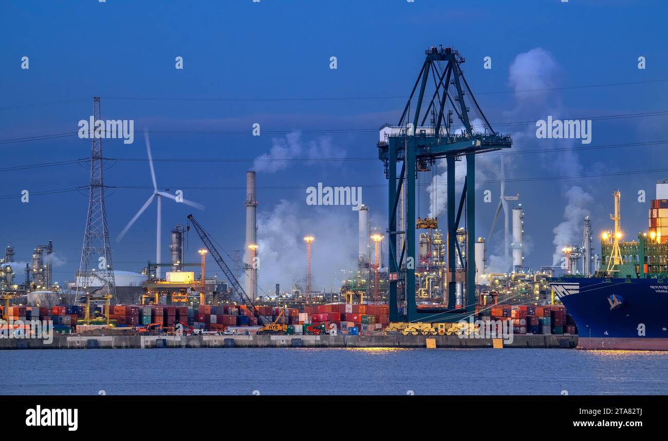 Container terminal showing wharf with stacked containers, gantry crane ...