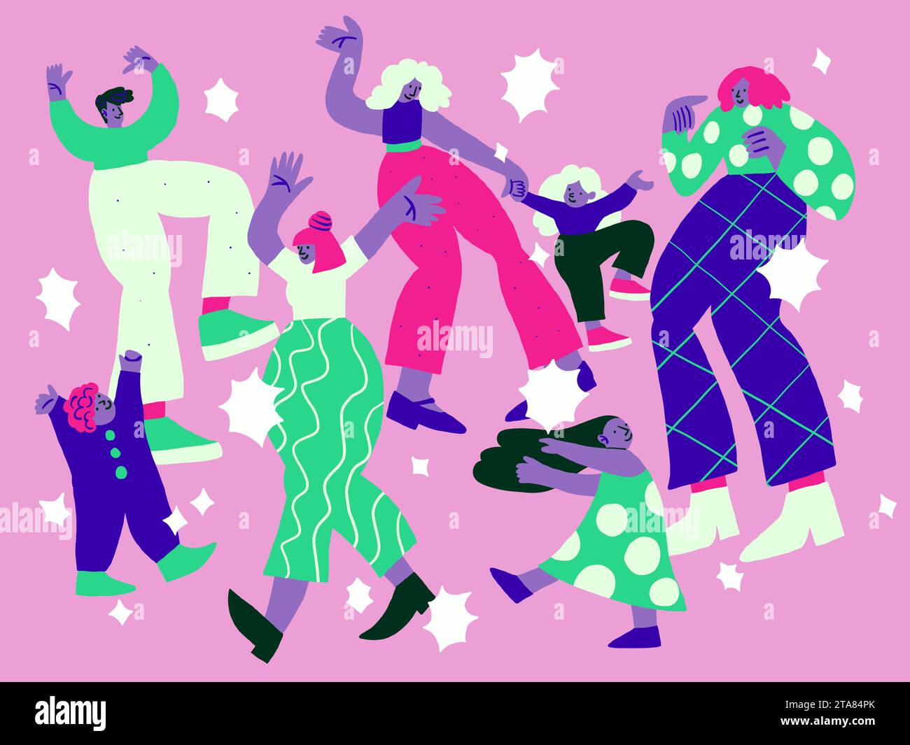 Vector illustration with dancing people with stars on violet background ...
