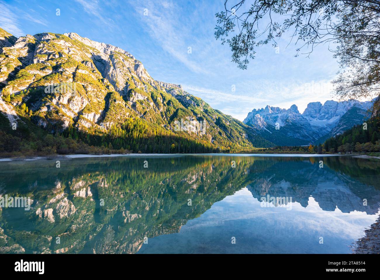 Apine lake in the Dolomites on a late sunny afternoon in October Stock ...