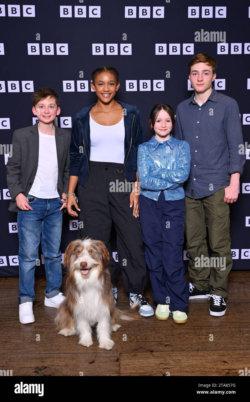 London, UK. 29 November 2023. The cast of The Famous 5 (l-r Kit Rakusen ...