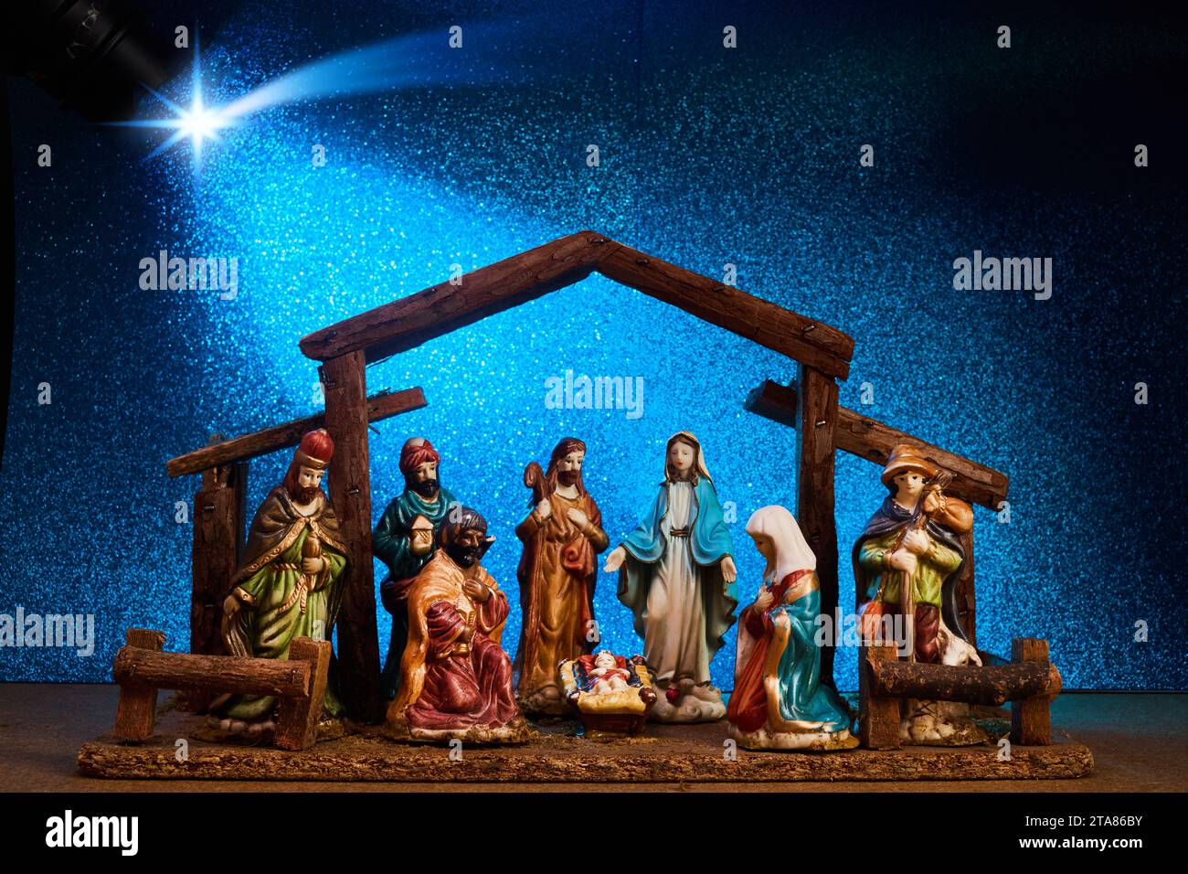 Christmas Manger scene with figurines including Jesus, Mary, Joseph ...