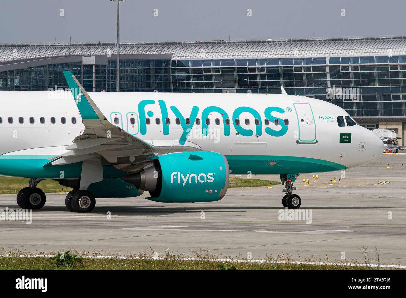 Close-up photo of Saudi airline's Flynas Airbus A320 NEO taxiing after ...