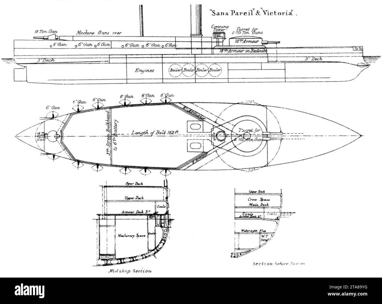 Victoria Class Battleship Starboard elevation and Deck plan Stock Photo ...