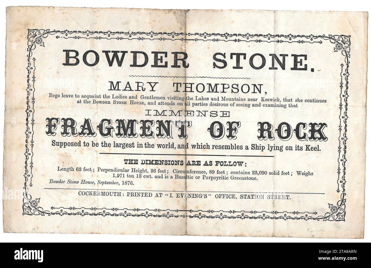 Victorian advertising flyer The Bowder Stone dated 1876 Stock Photo - Alamy