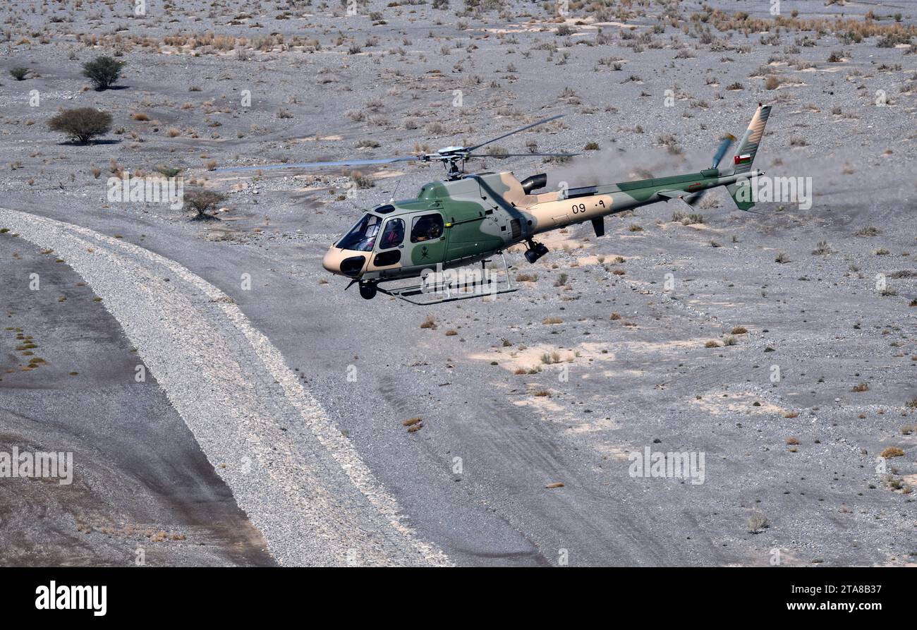 Nizwa, Oman. 28th Nov, 2023. An Omani army helicopter accompanies the ...