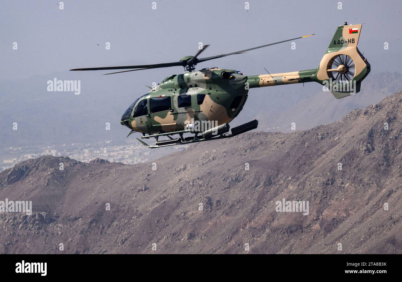 Nizwa, Oman. 28th Nov, 2023. An Omani army helicopter transports parts ...