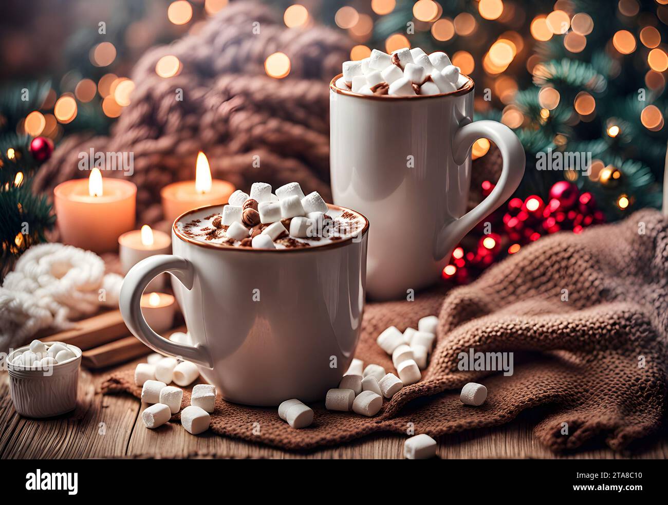 A cozy and inviting scene featuring a mug filled with hot chocolate ...