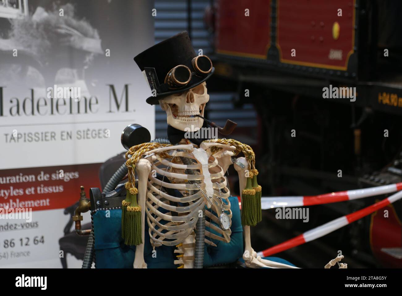 In a steampunk spectacle, a skeletal figure adorned with cogs and gears ...