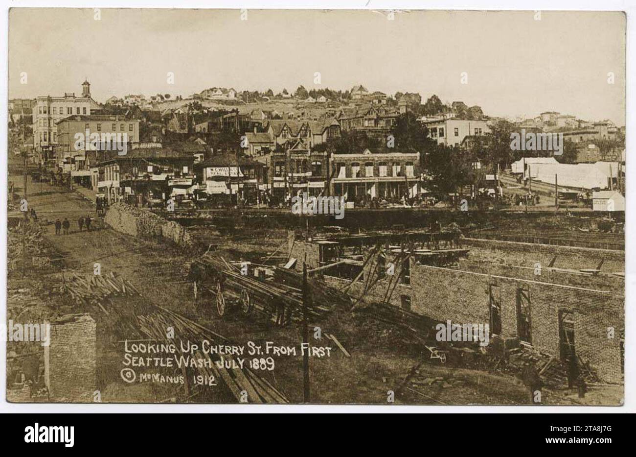 View east on Cherry St from First Ave after Great Fire, Seattle, July ...