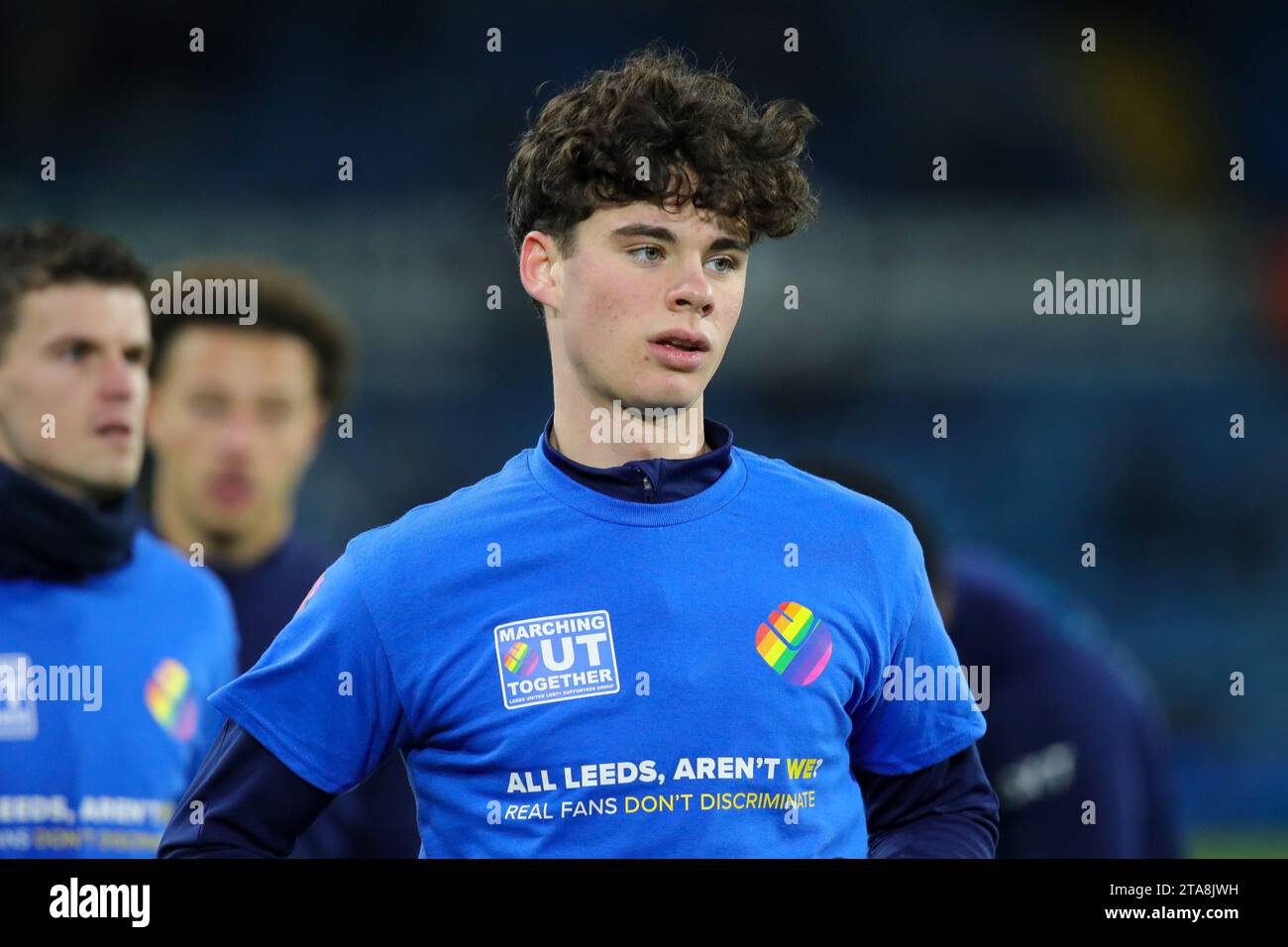 Archie Gray #22 of Leeds United during the pre match warm up ahead of ...